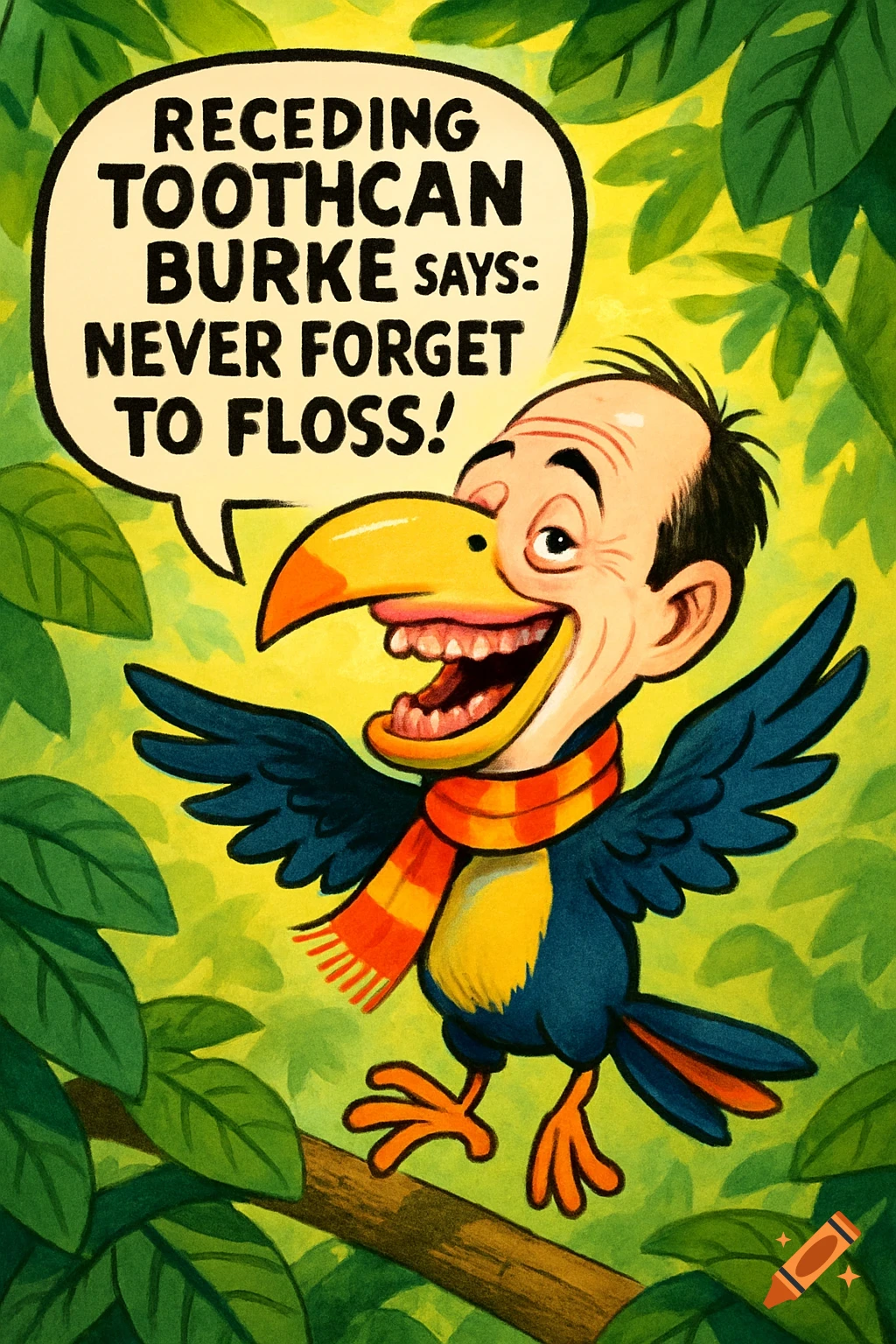 A grinning cartoon toucan-human hybrid with a receding hairline and ...