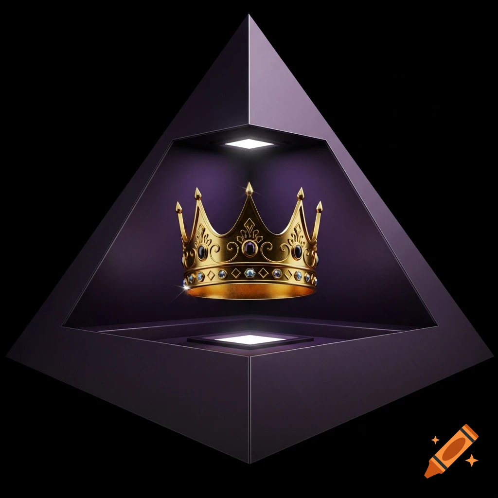 A gleaming gold crown with jewels suspended inside a glowing purple ...