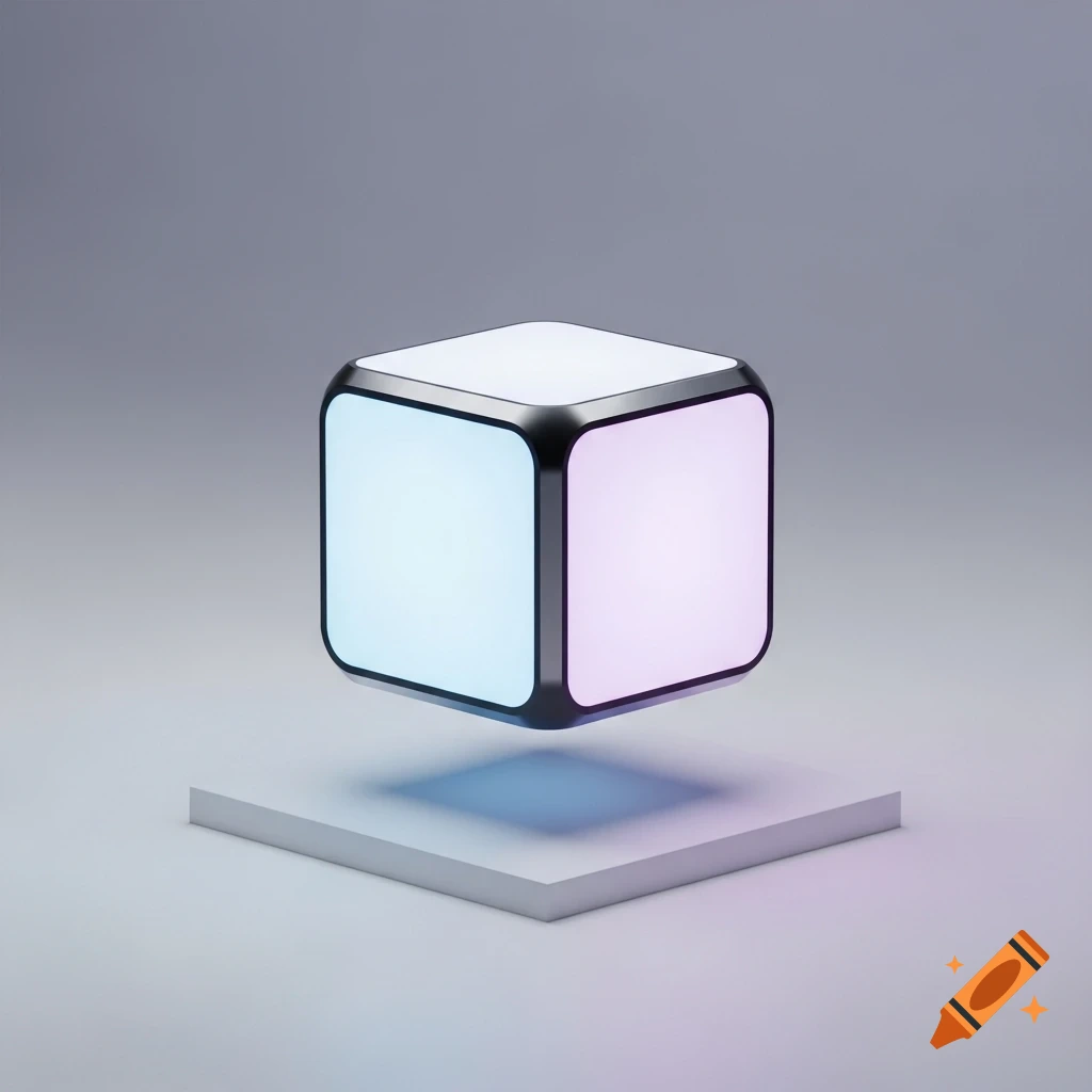 A sleek, futuristic AI cube with blue and purple glowing sides ...