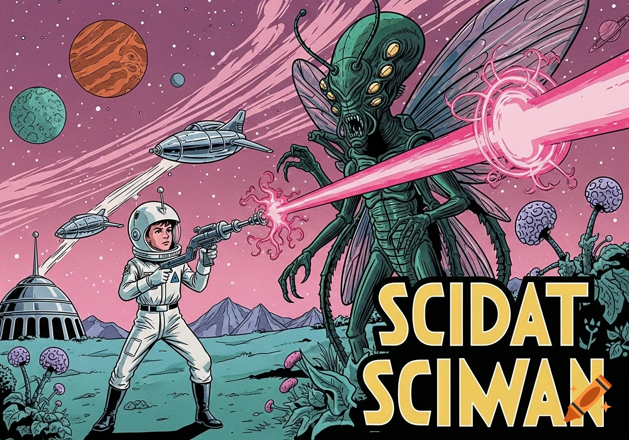 A retro sci-fi comic illustration of a child astronaut shooting a ray ...