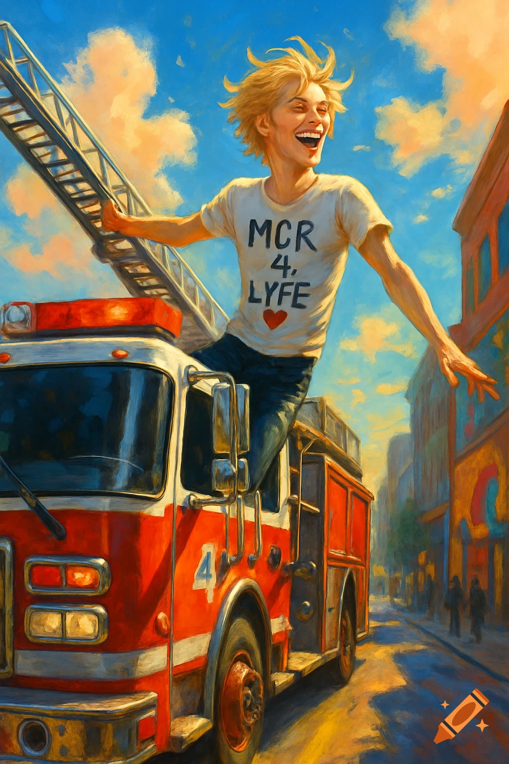 A blonde person with spiky hair, wearing a white MCR 4 LYFE t-shirt ...