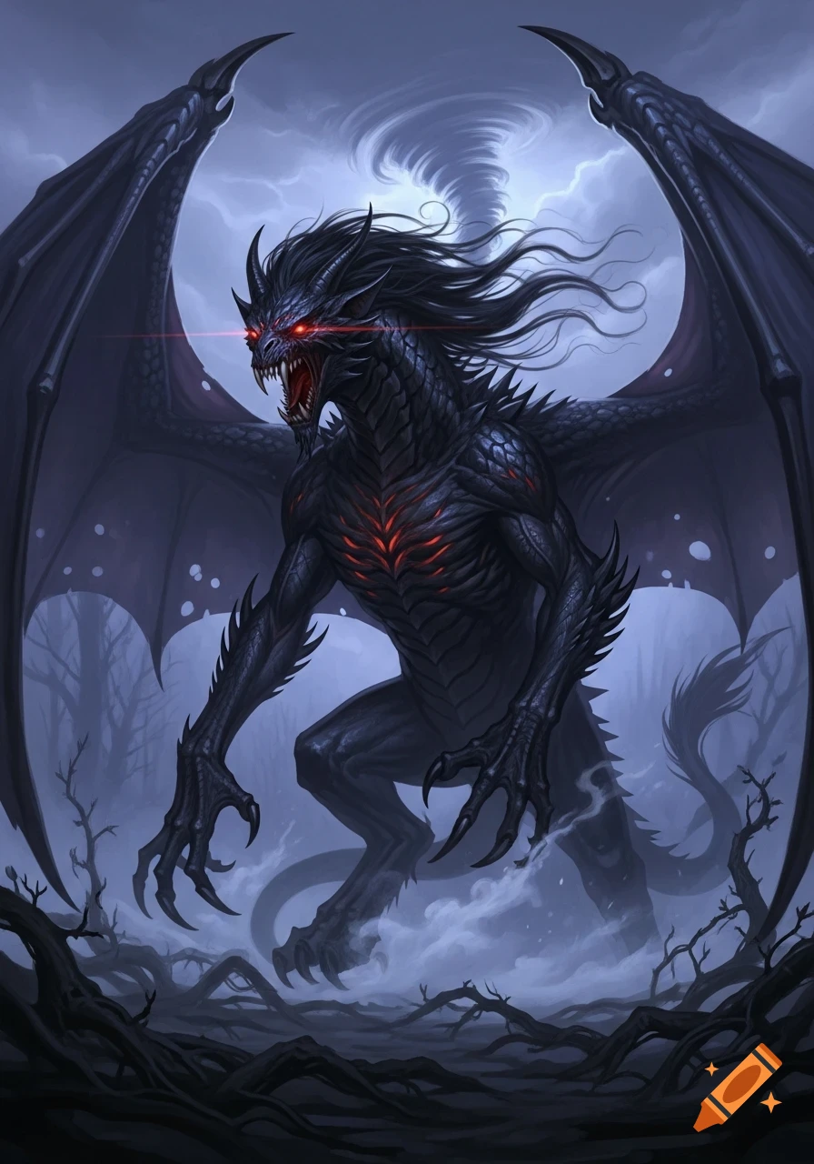 Dark winged mythical creature with glowing red eyes and chest in a ...