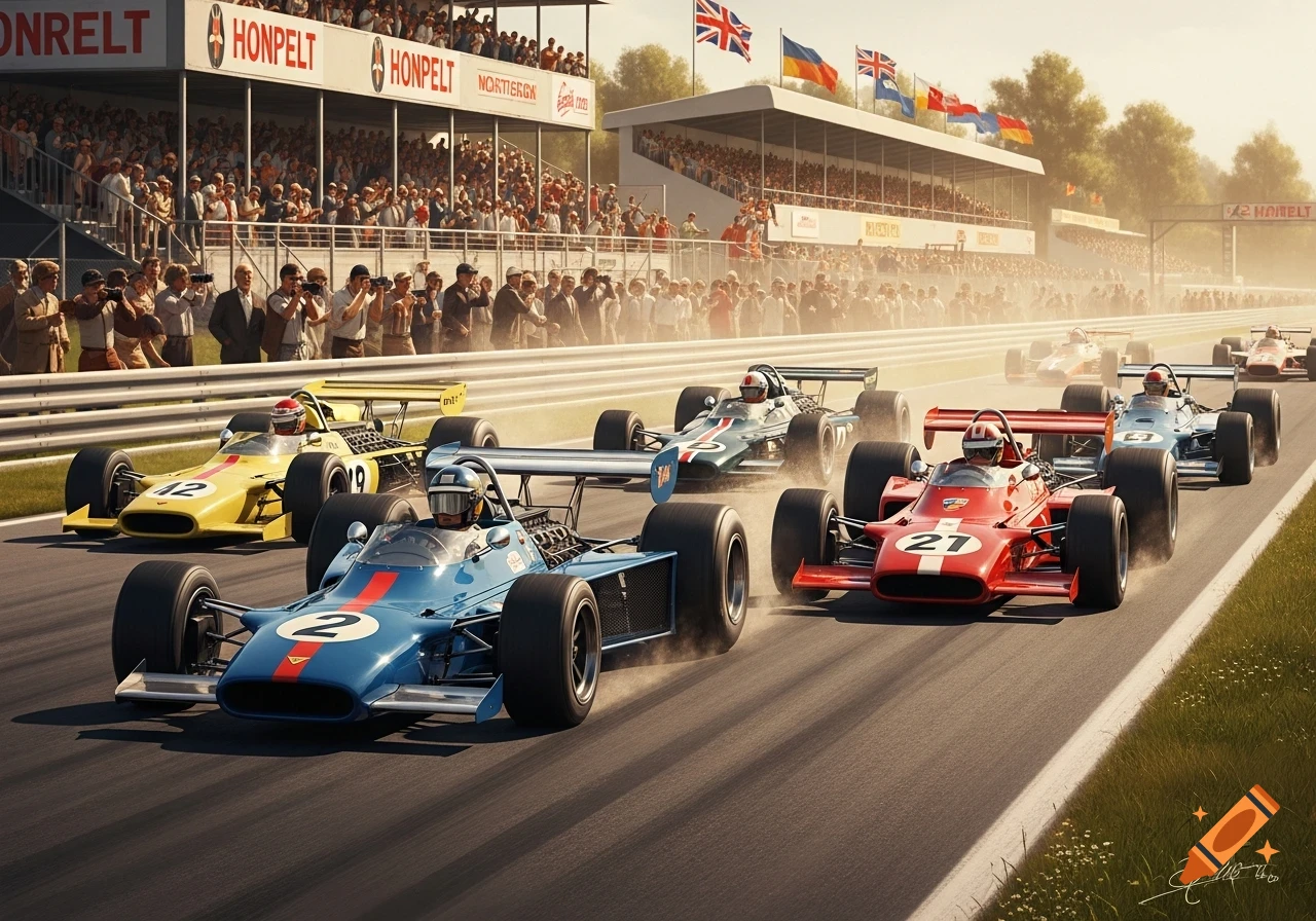Photorealistic image of vintage Formula 1 cars racing on a track, with ...