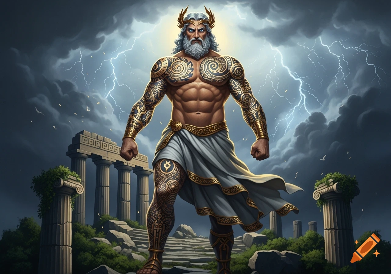 A muscular, tattooed Zeus with a white beard, golden crown, and grey ...