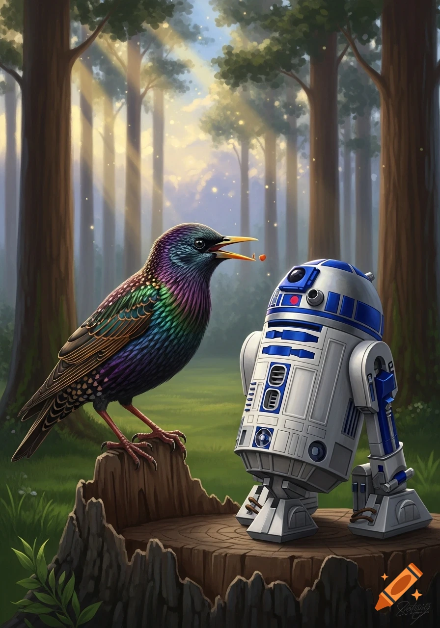 A colorful starling bird with a berry in its beak faces R2-D2 on a tree ...