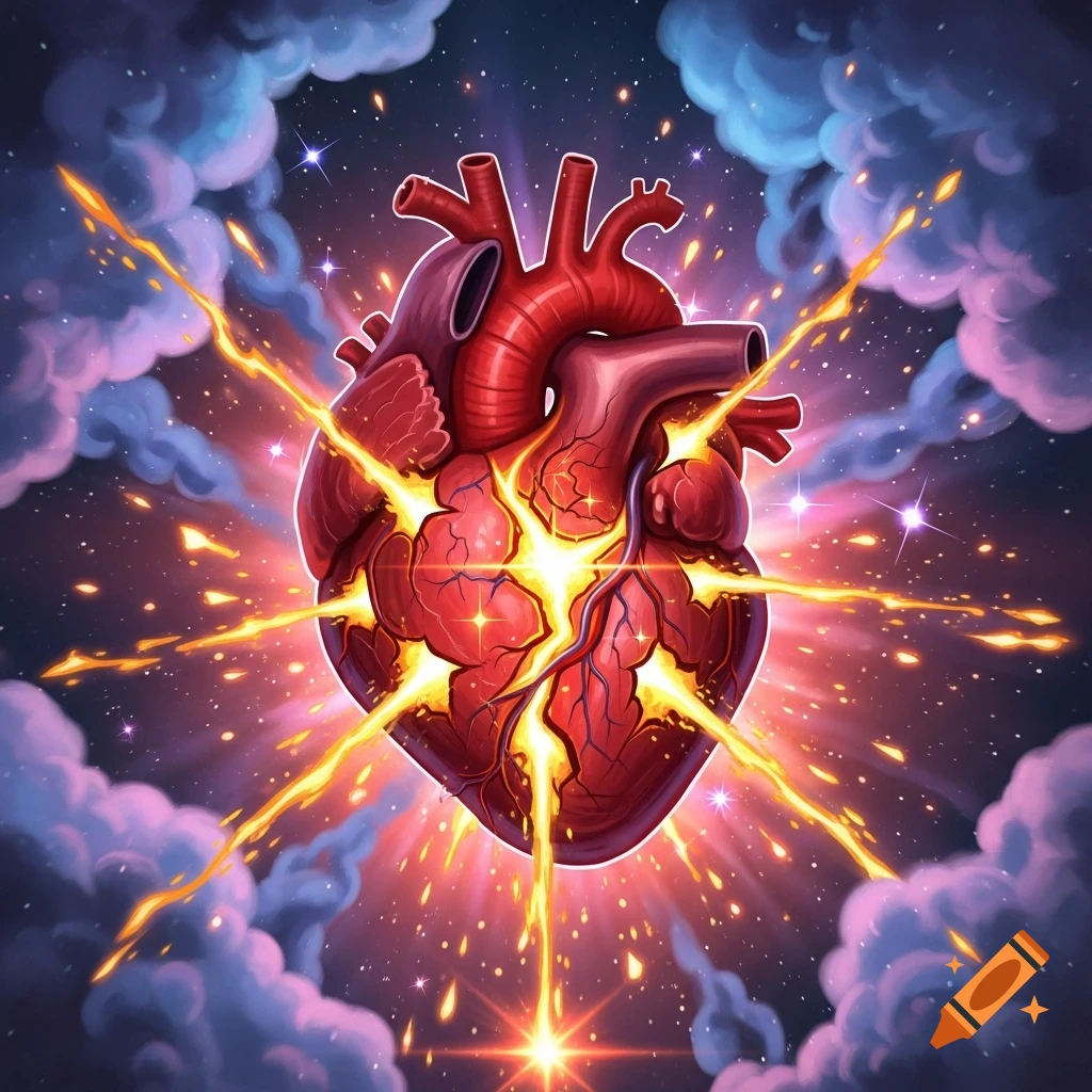 A vibrant, illustrative anatomical heart exploding with bright yellow ...