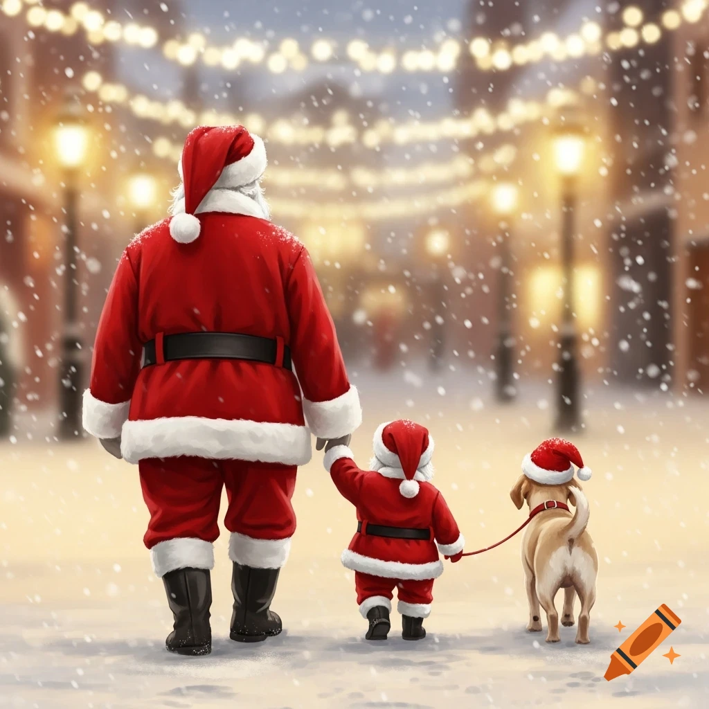 Santa Claus, a child, and a dog in Santa hats walk through a snowy ...