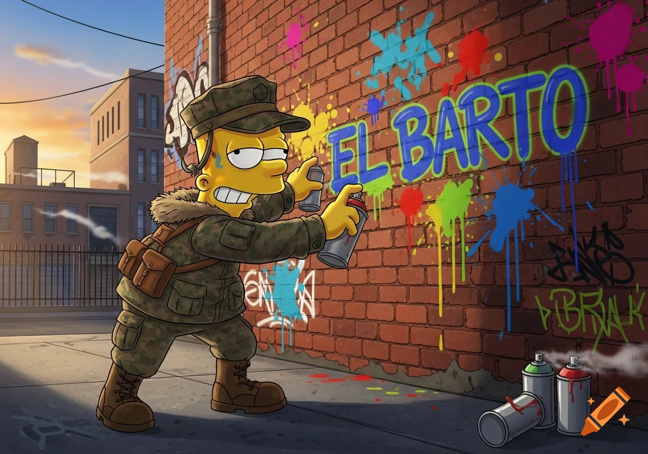 Bart Simpson in a military uniform spray-painting 'EL BARTO' on a brick ...