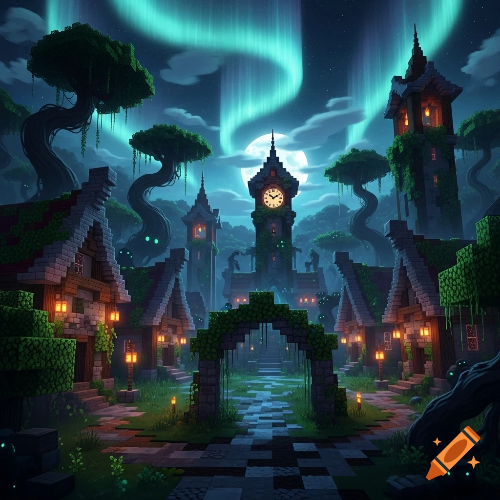 A dark fantasy Minecraft village at night under a vibrant green aurora ...