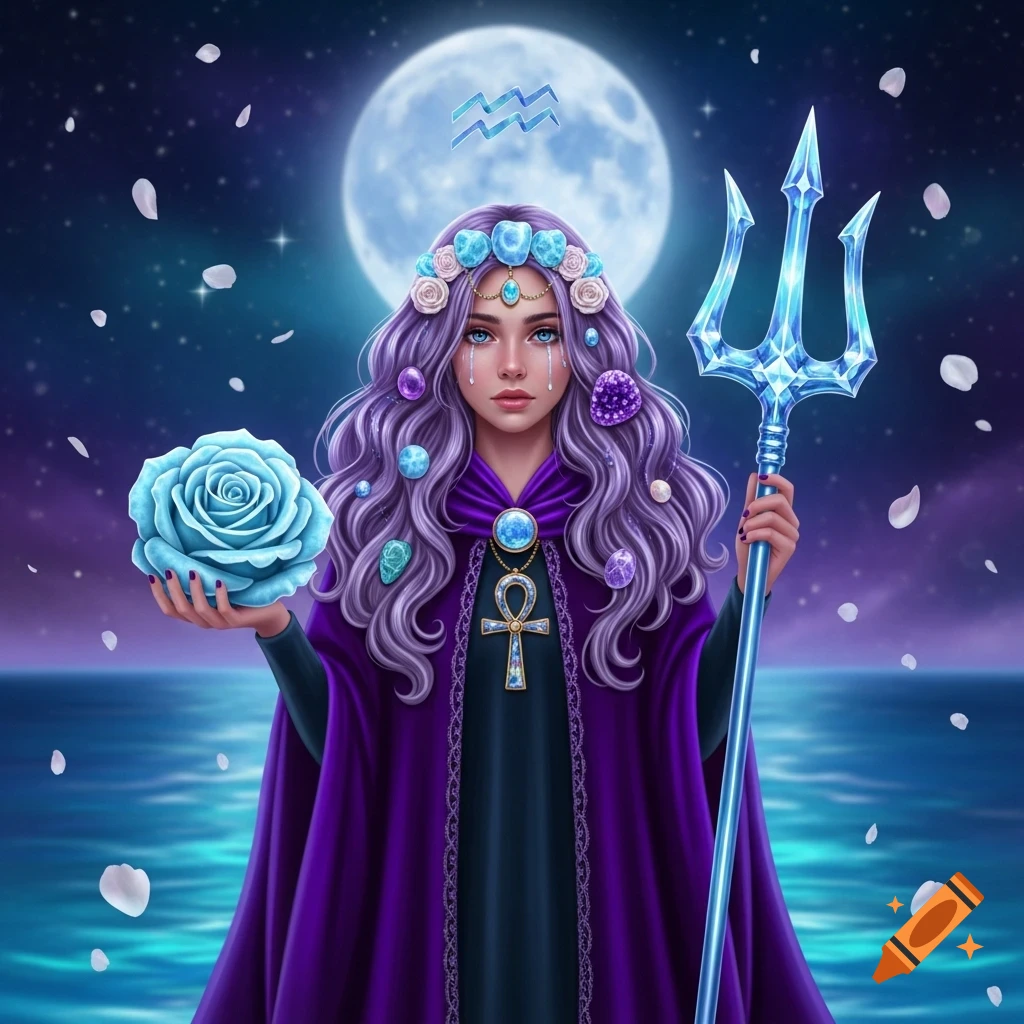 A mystical purple-haired girl with crystal adornments holds a glowing ...