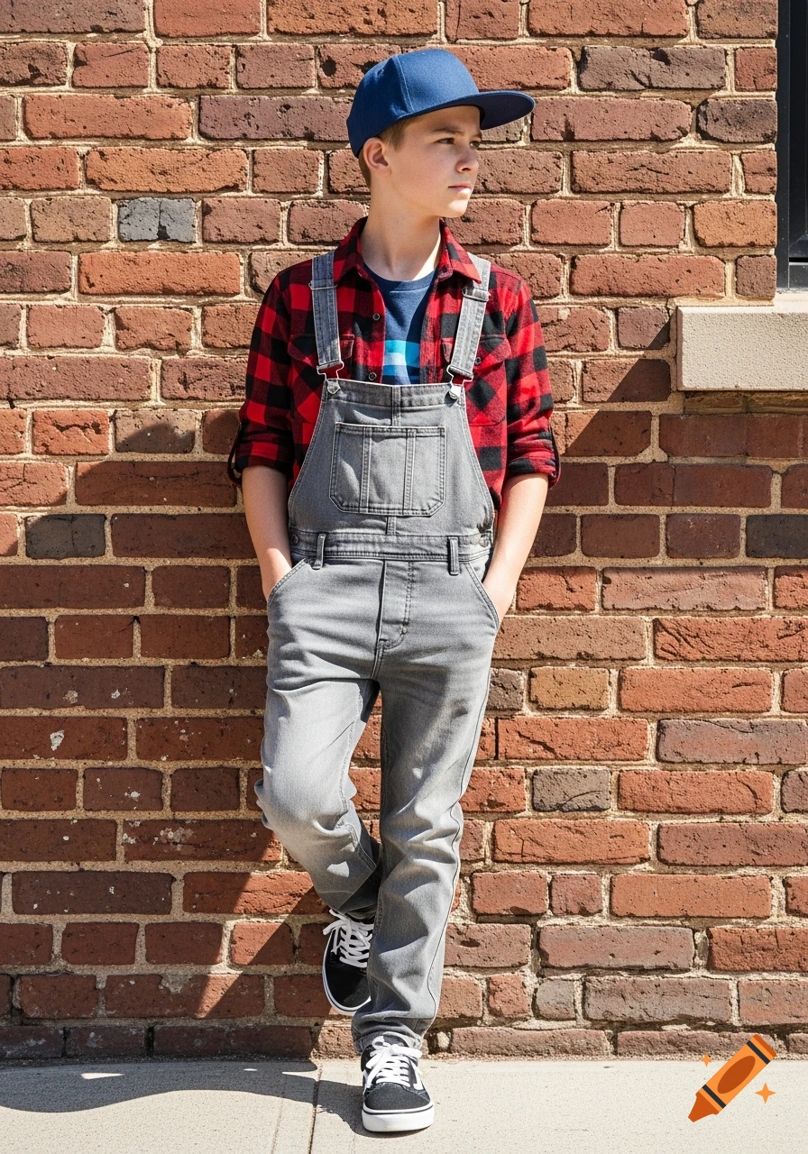A young boy in a blue baseball cap, red plaid shirt, and gray denim ...
