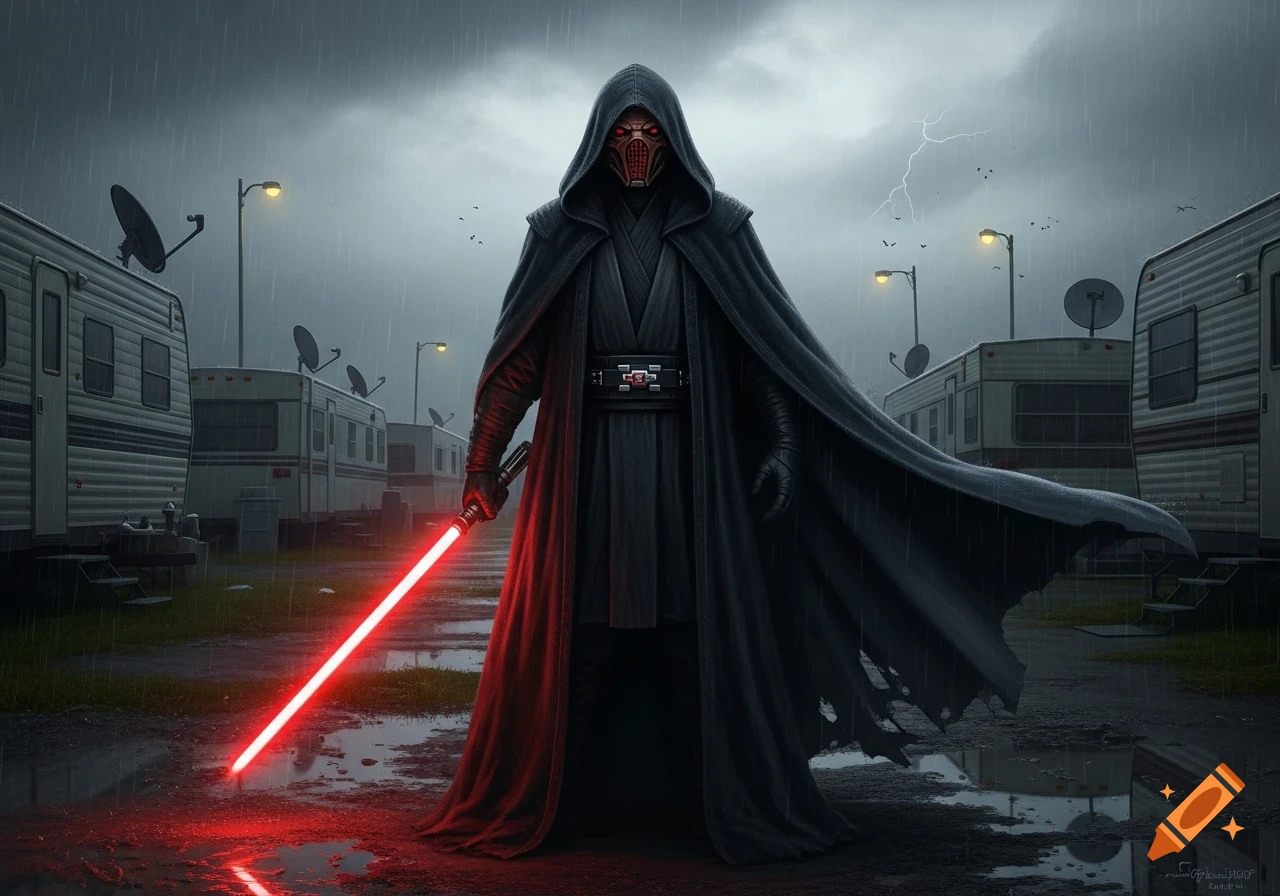 A masked Sith Lord-like figure in a dark cloak holds a glowing red ...