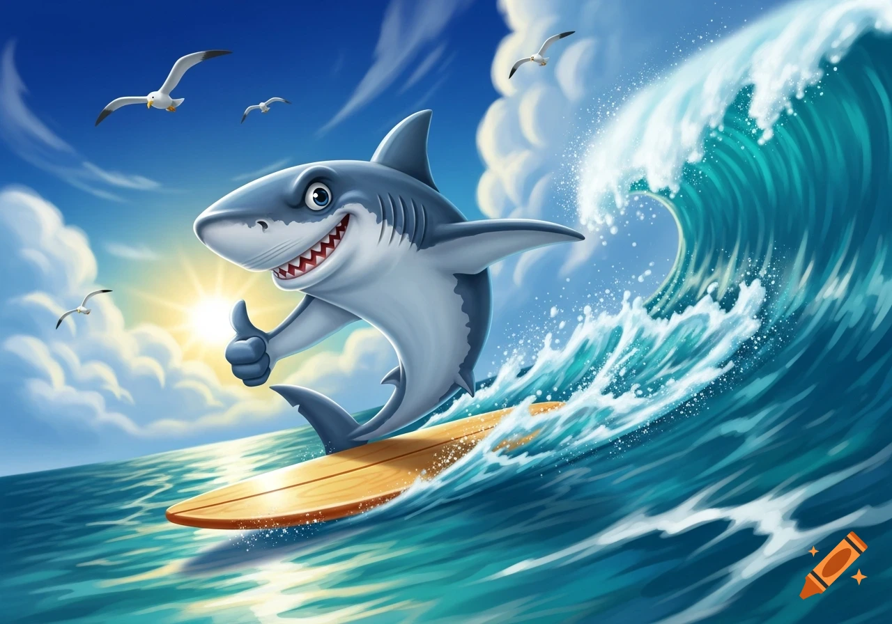 A happy cartoon shark riding a surfboard on a large blue wave, giving a ...