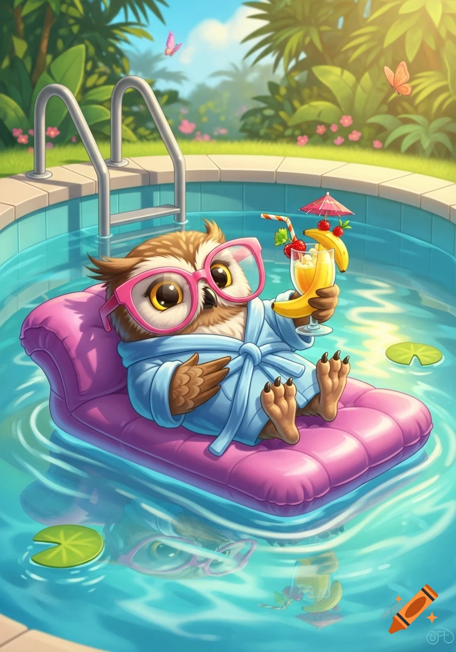 A cute cartoon owl wearing pink glasses and a blue bathrobe floats on a ...
