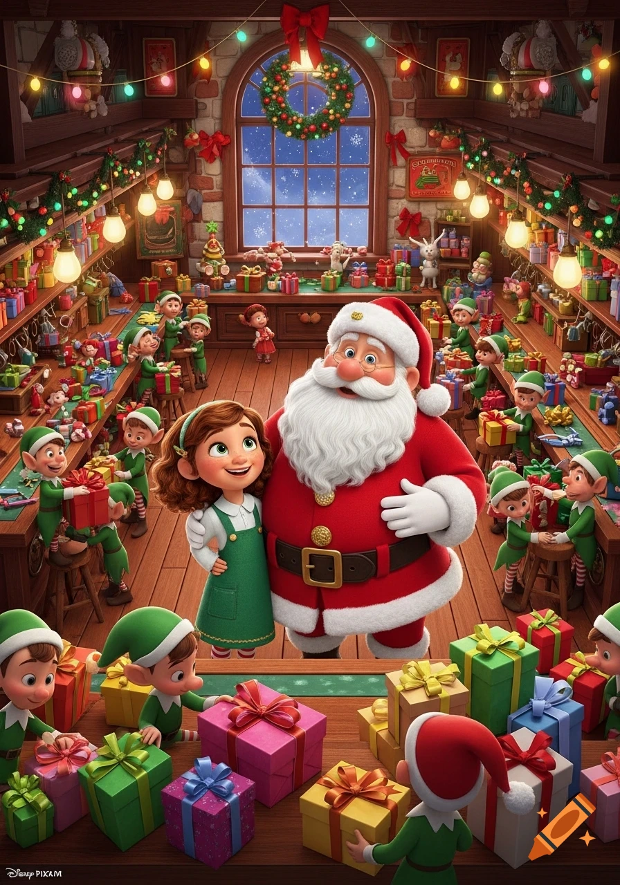 Santa and a smiling girl in a Pixar-style Christmas workshop filled ...