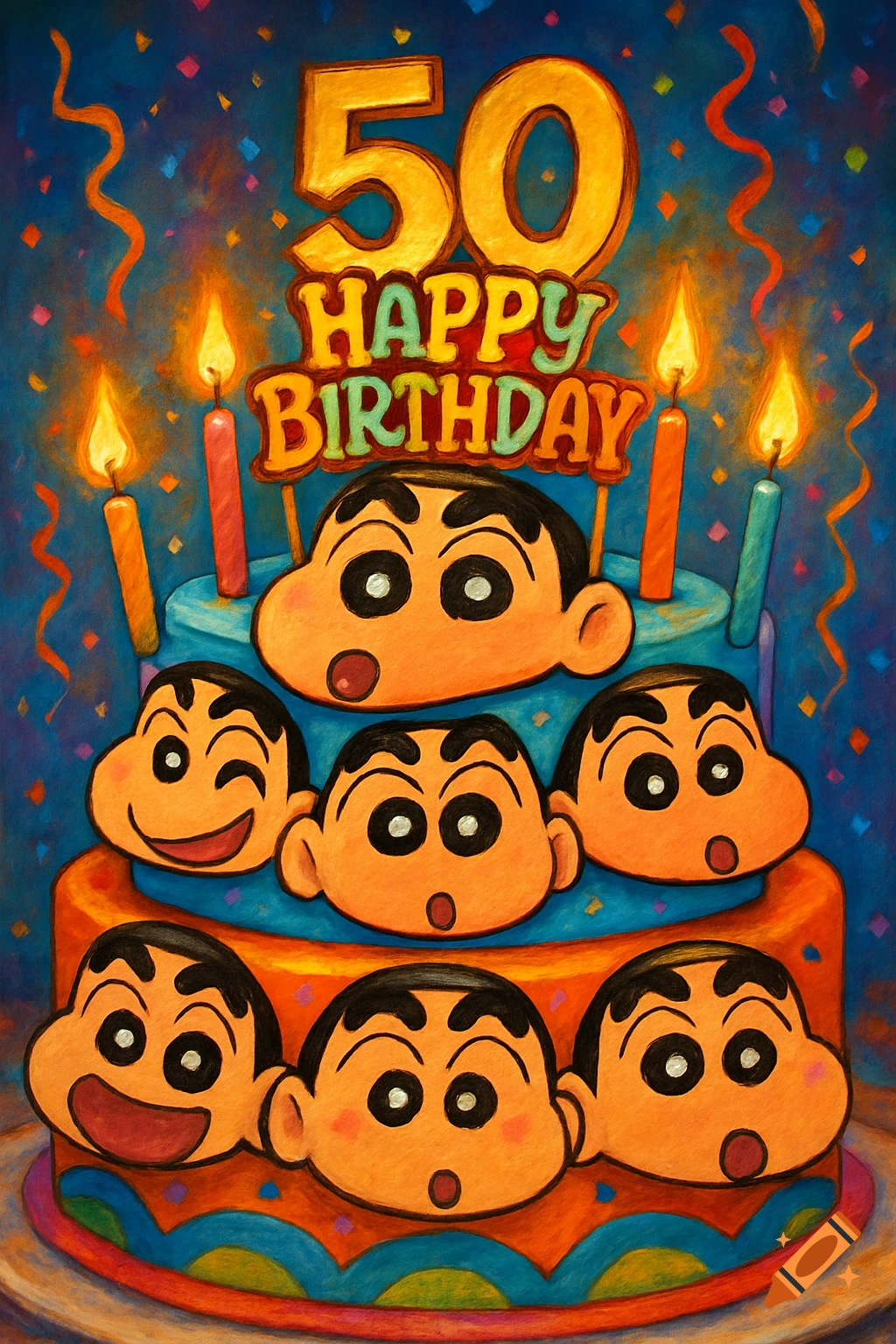 Colorful cartoon birthday cake decorated with Crayon Shin-chan faces ...