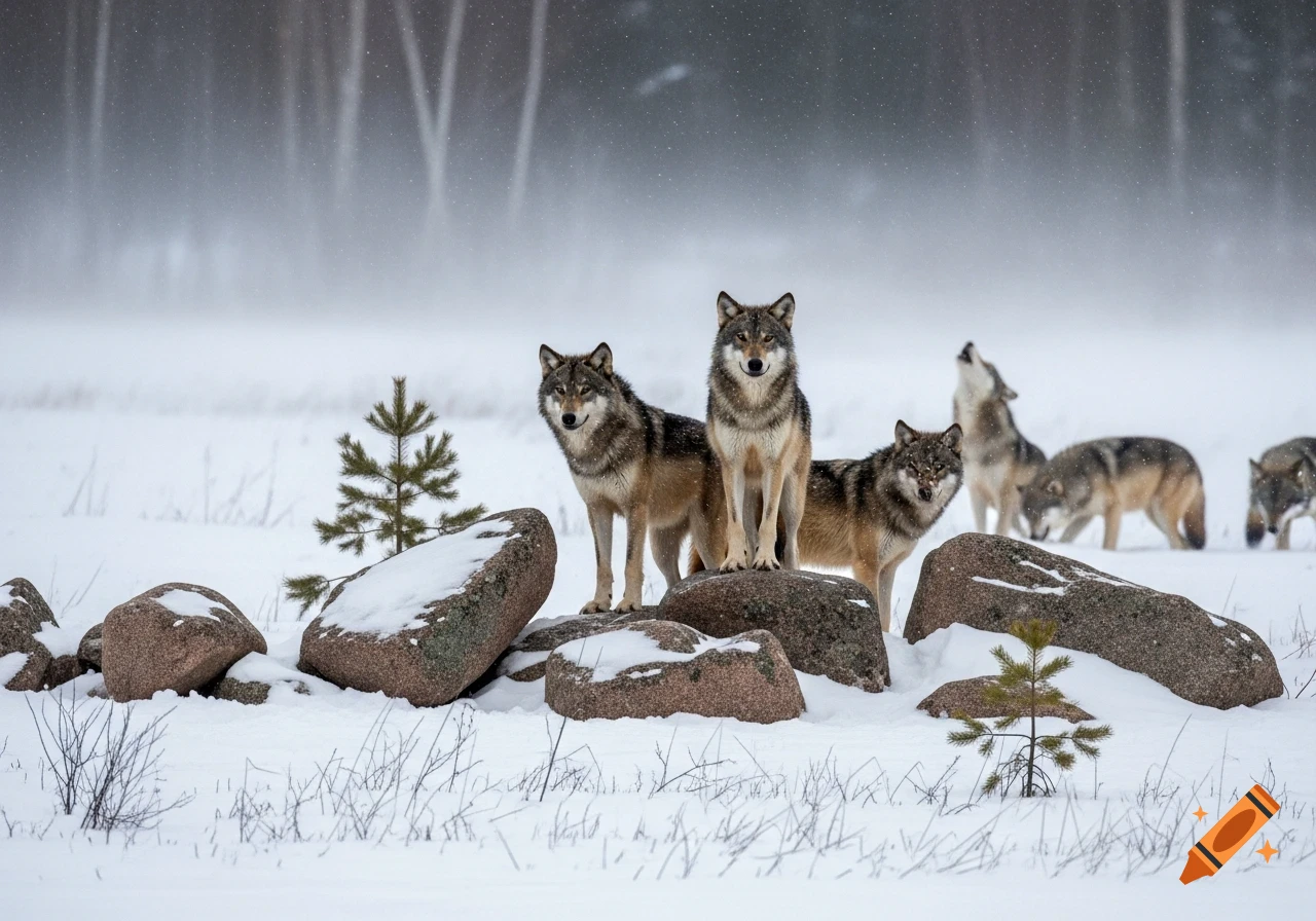 Photorealistic image of a pack of grey wolves on snow-covered rocks ...