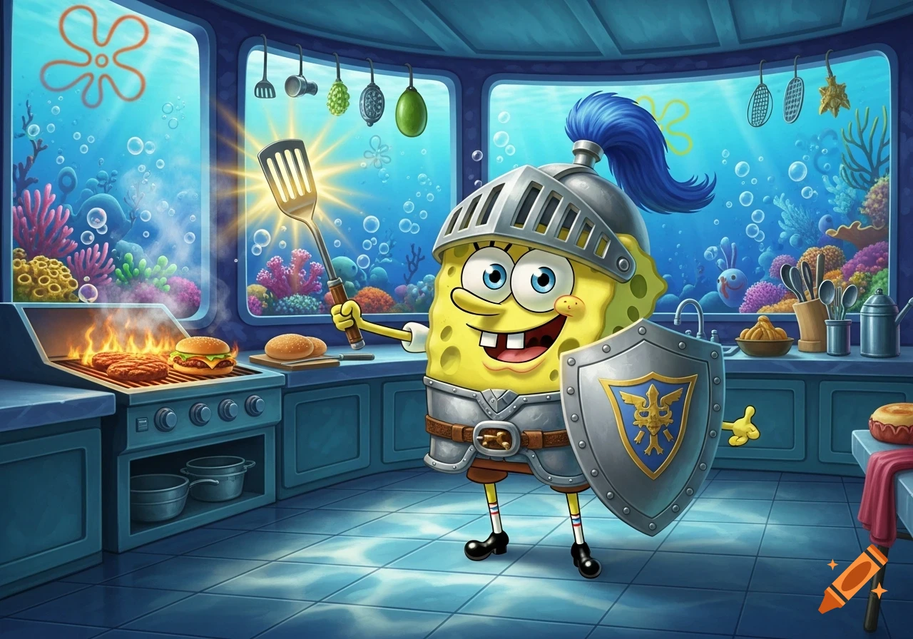 Spongebob in knight armor holds a glowing spatula and a shield ...