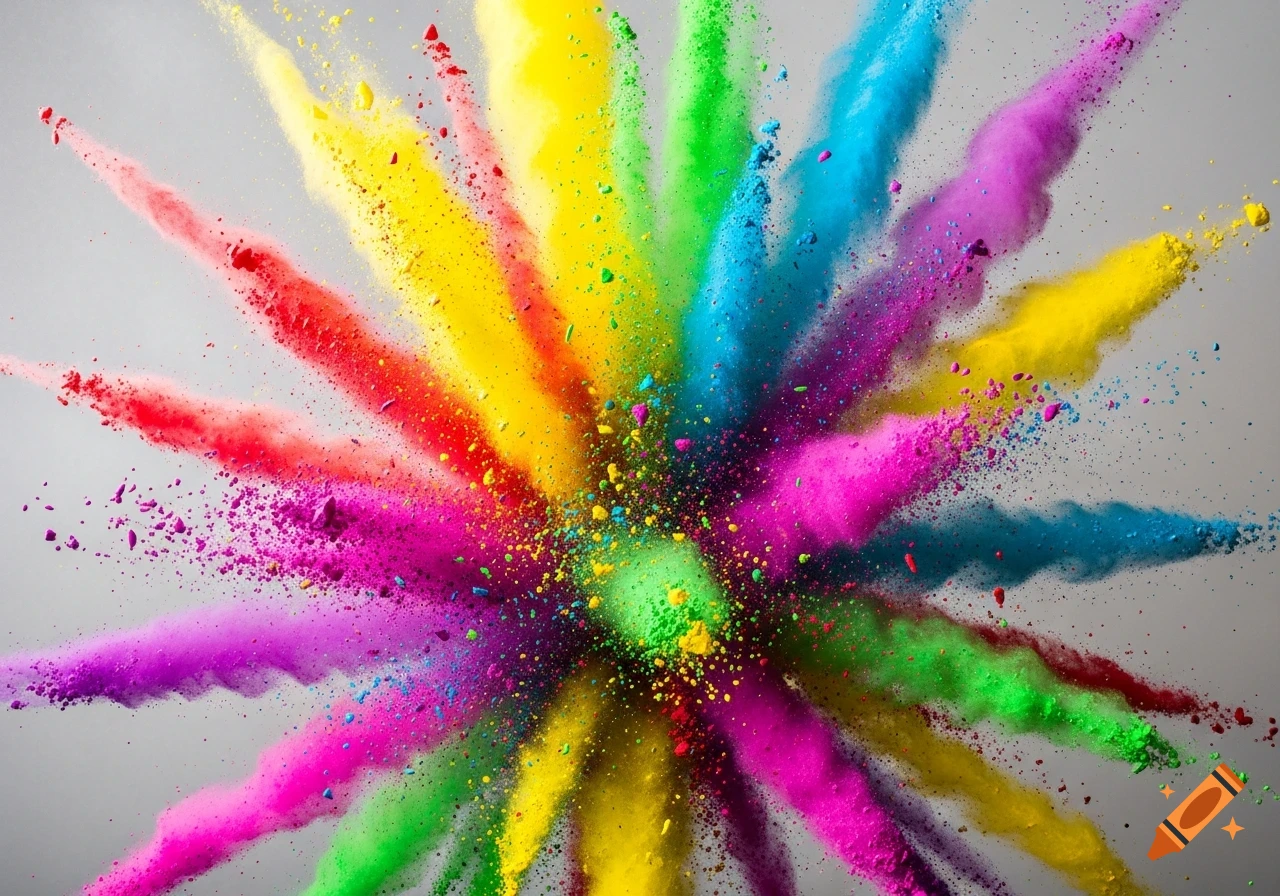 A vibrant, photorealistic explosion of colorful powder in shades of red ...