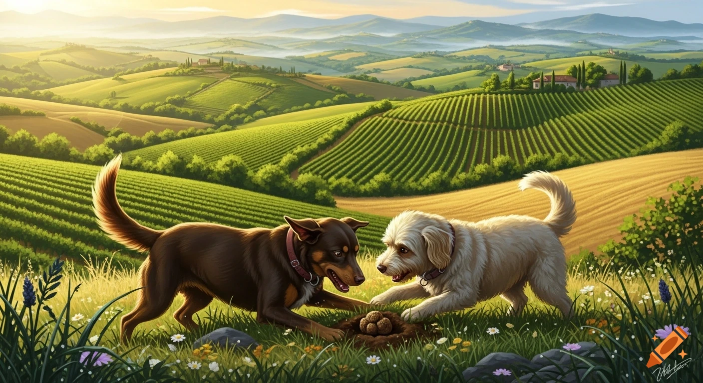 Two dogs play with a truffle in a vibrant, panoramic landscape of green ...