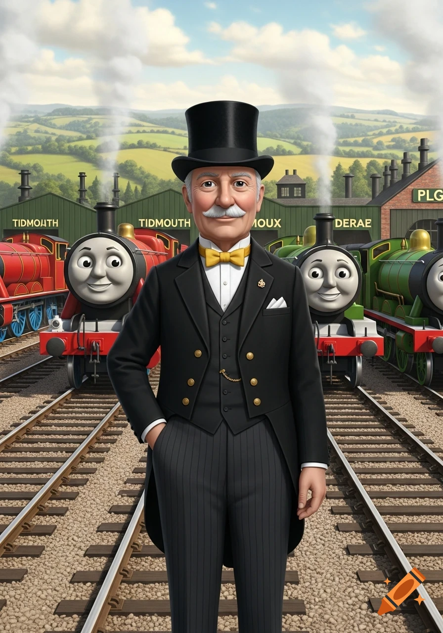 A smiling man in a top hat and tuxedo stands in front of cartoon trains ...
