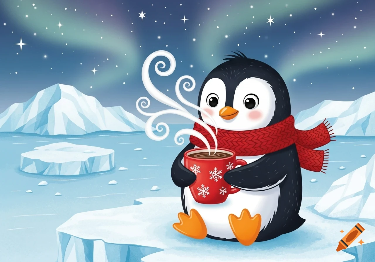 Cartoon penguin with a red scarf holding a snowflake mug of hot cocoa ...