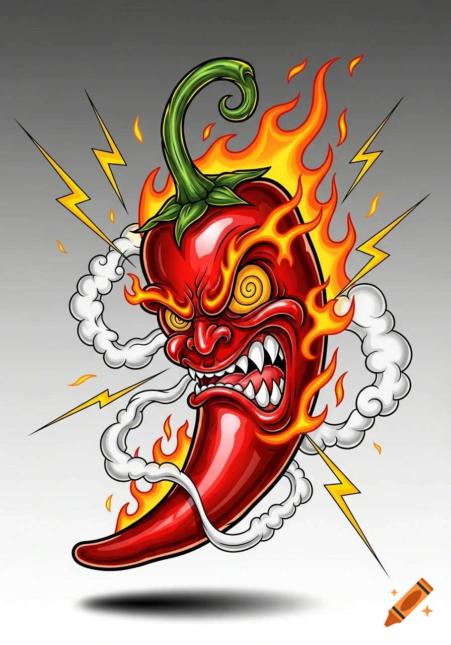 An angry red chili pepper cartoon with spiraling eyes, sharp teeth ...