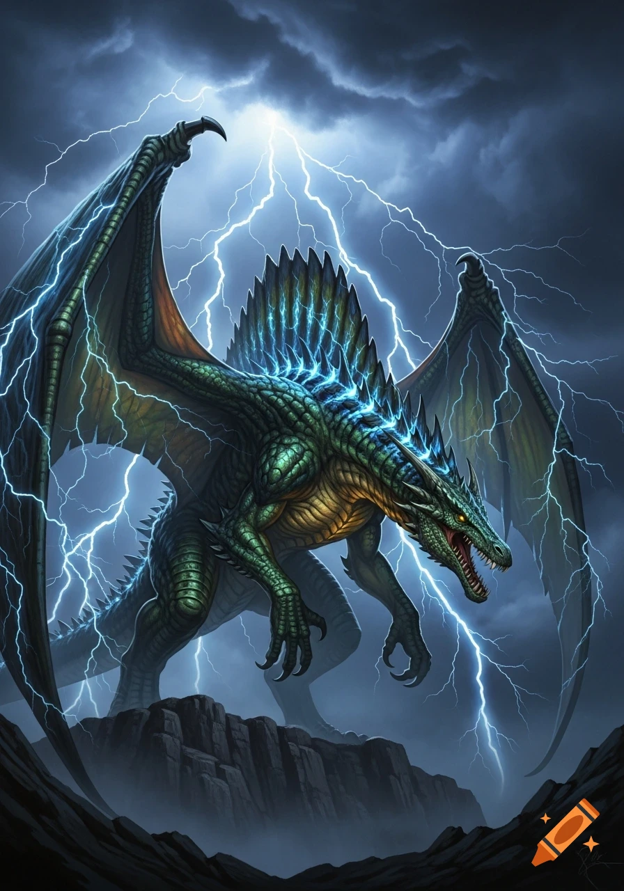 A fearsome green Spinosaurus-dragon kaiju with glowing blue spines ...