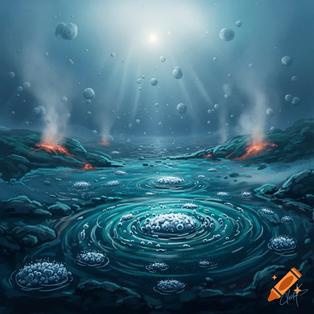Primordial ocean with lava flows, steam vents, bubbling water ...