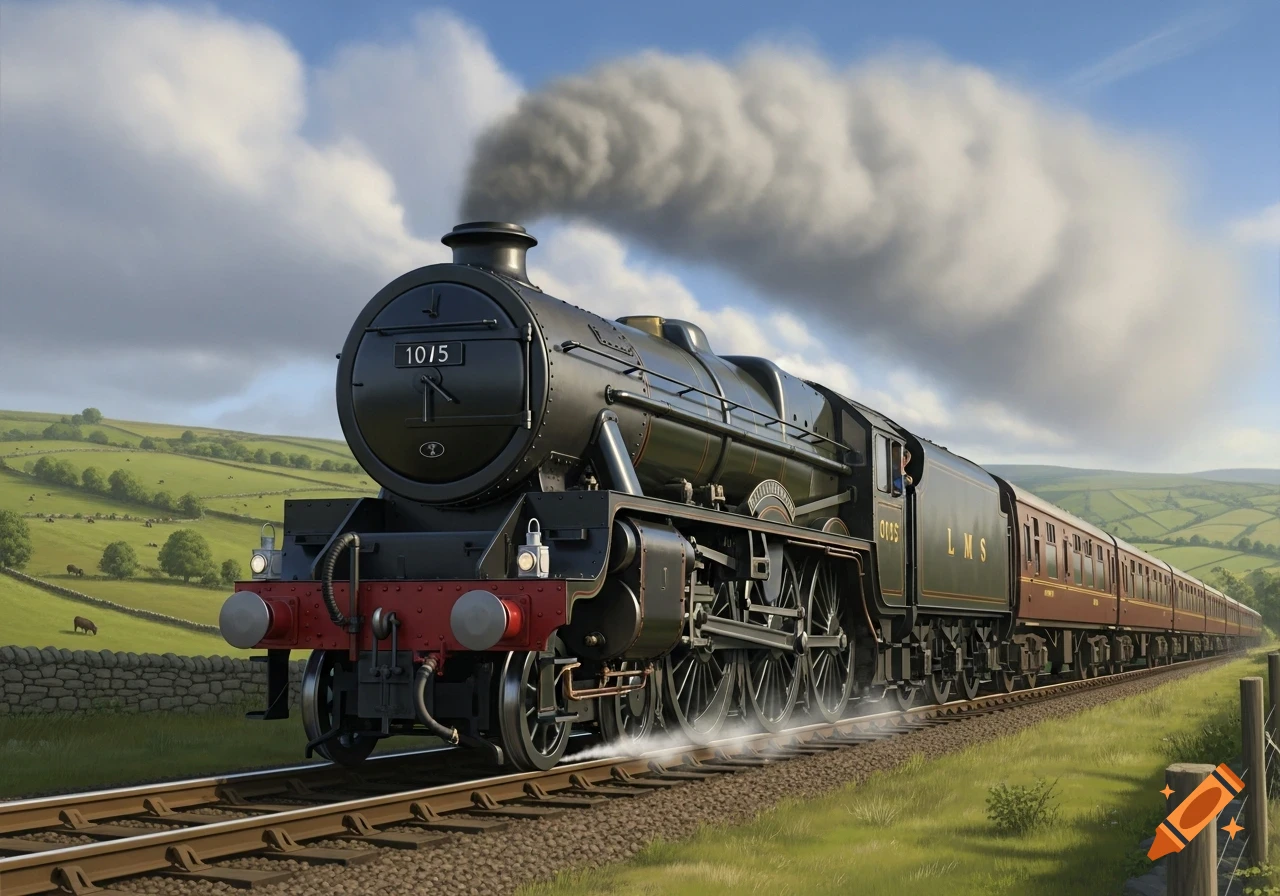 A black LMS Stanier Black 5 steam locomotive travels on tracks through ...