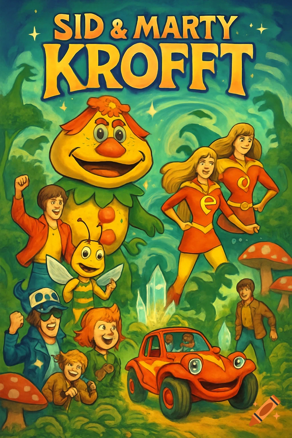 A colorful cartoon movie poster showing a mashup of 70s Sid & Marty ...