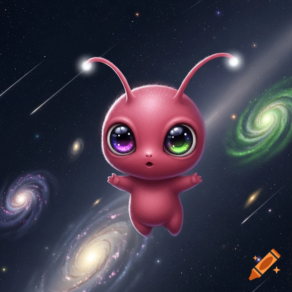 A cute pink alien with large, colorful eyes and antennae floats in ...