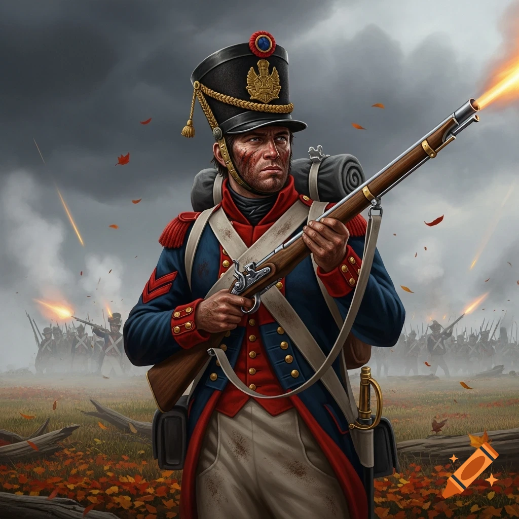 A male soldier in a blue and red uniform and tall shako hat, holding a ...