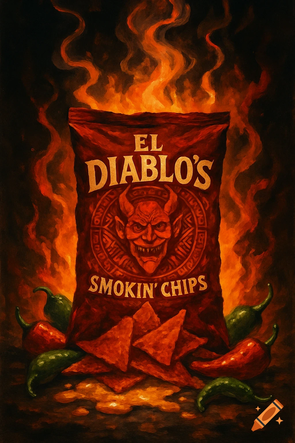 A fiery illustration of 'El Diablo's Smokin' Chips' bag featuring a ...