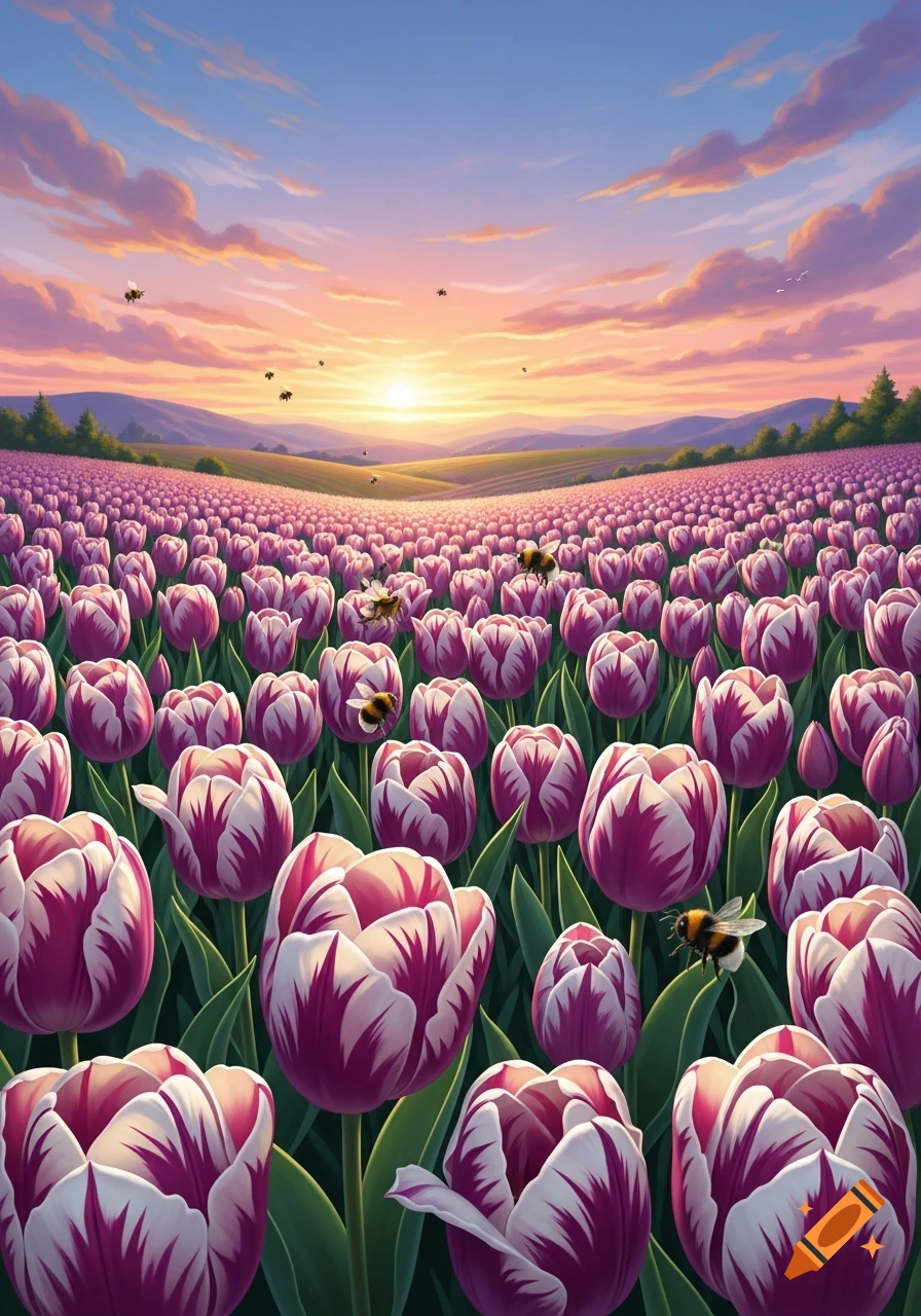 A vibrant field of purple and white striped tulips with bees under a ...