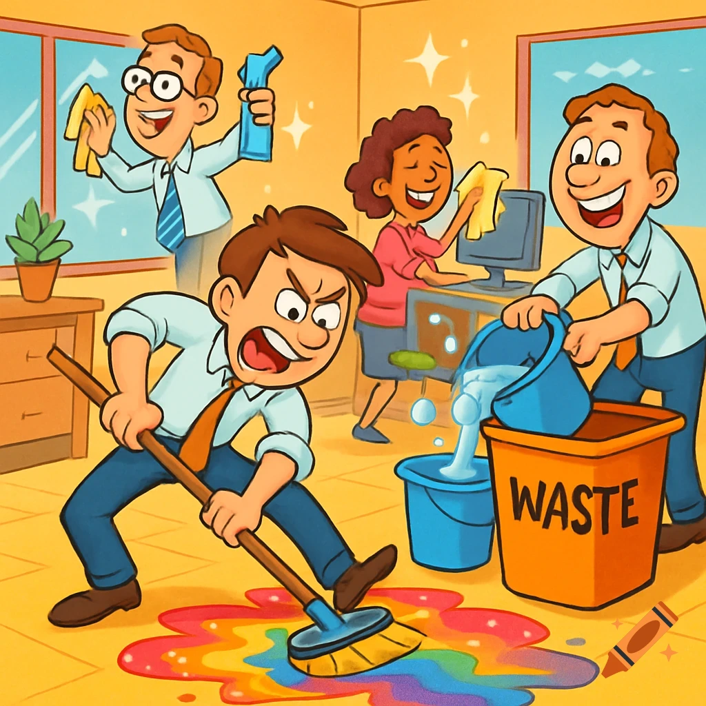 Humorous cartoon of four office workers cleaning. One angrily mops ...