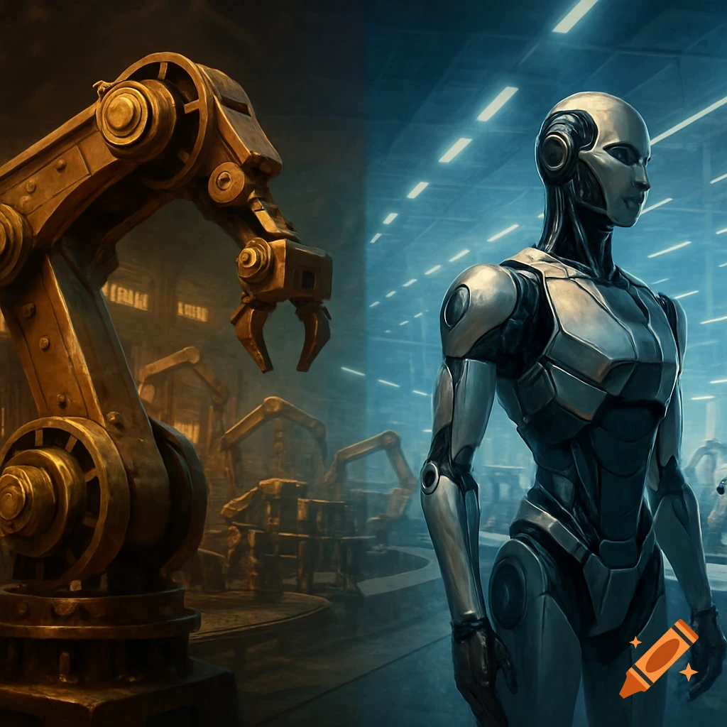 A split image showing an old, rugged industrial robotic arm on the left ...