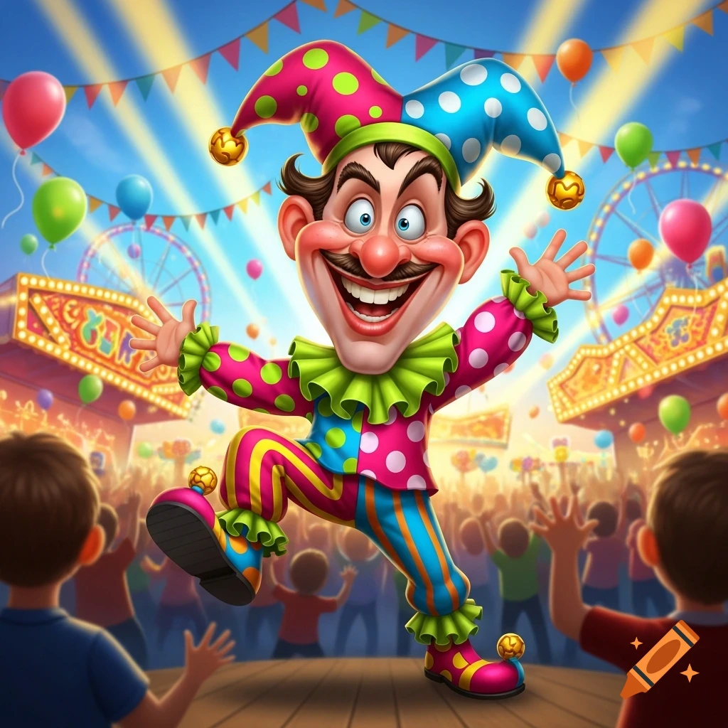 A colorful cartoon jester with a big smile, wearing a polka-dot and ...