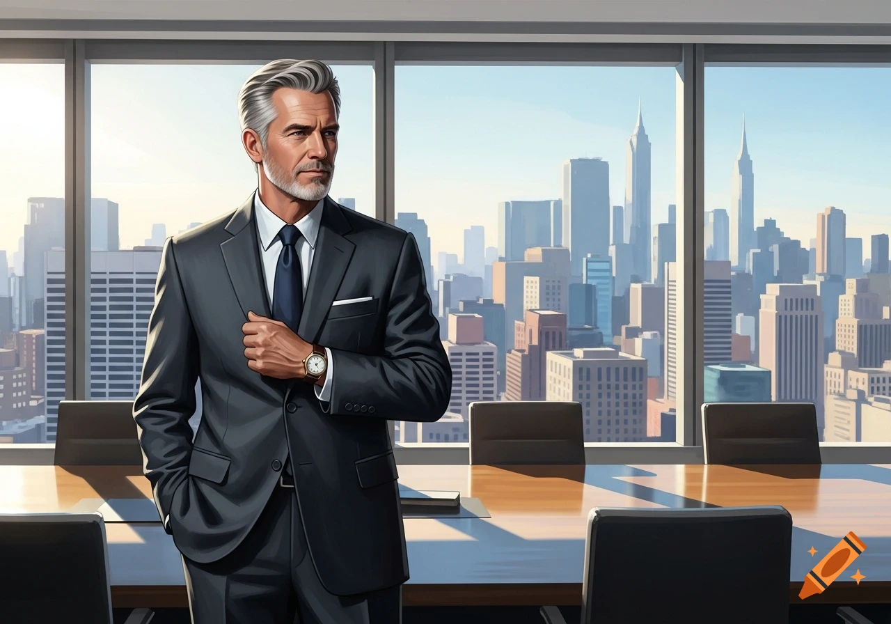 A distinguished man in a suit stands in an office, looking out over a ...