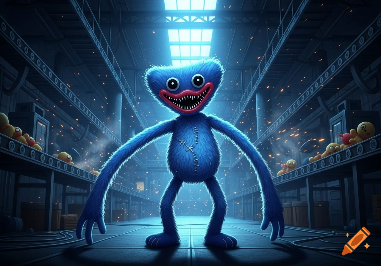 A grinning blue furry monster, Huggy Wuggy, stands in a dark, stylized ...