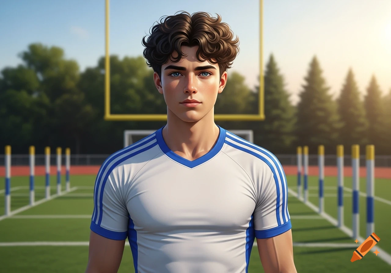 Digital art portrait of a young man with dark curly hair and blue eyes ...