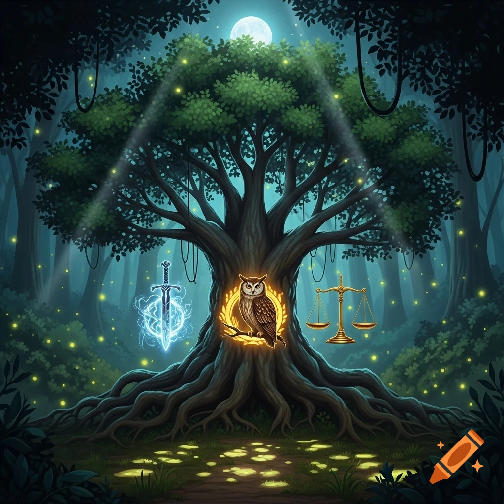 A stylized, mystical tree with glowing roots and leaves under a full ...