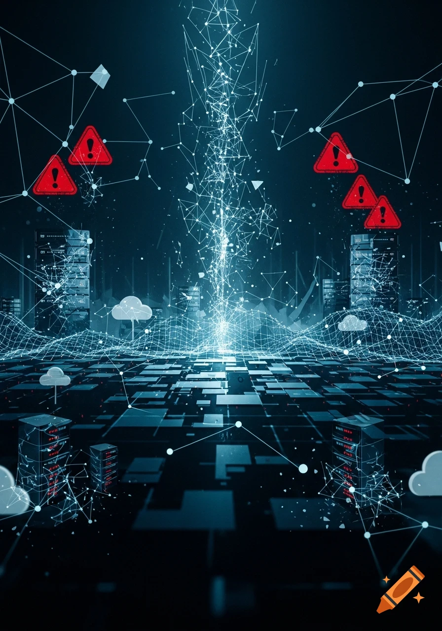Abstract digital illustration of broken internet infrastructure with ...