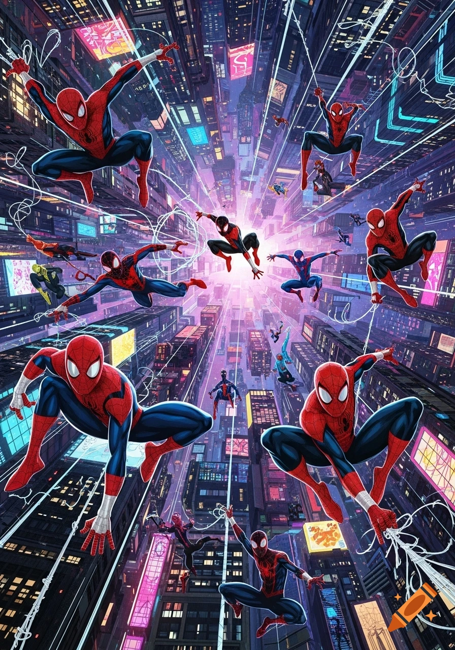 Multiple Spider-Man characters in various poses swing through a vibrant ...