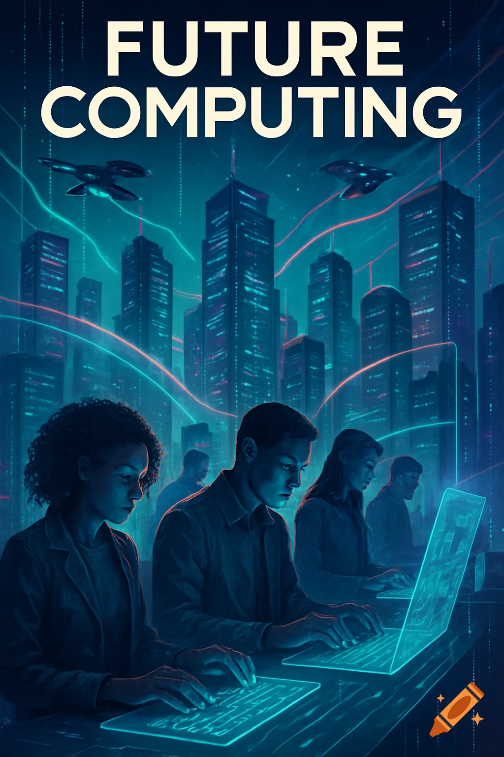 People work on glowing holographic keyboards in a futuristic city with ...