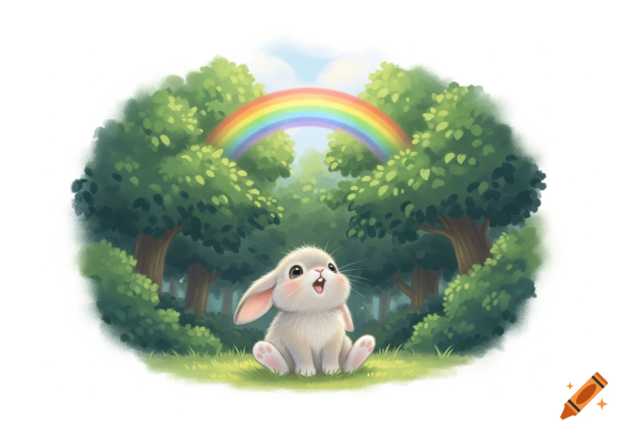 A fluffy white bunny looks up excitedly at a rainbow arcing over green ...