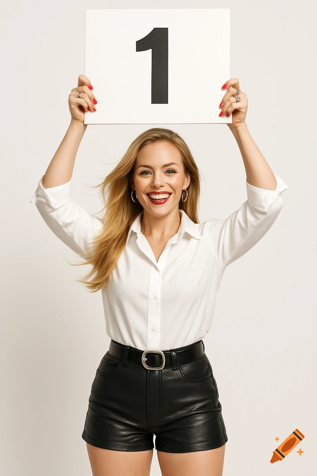 A smiling woman in a white shirt and black leather shorts holds a white ...