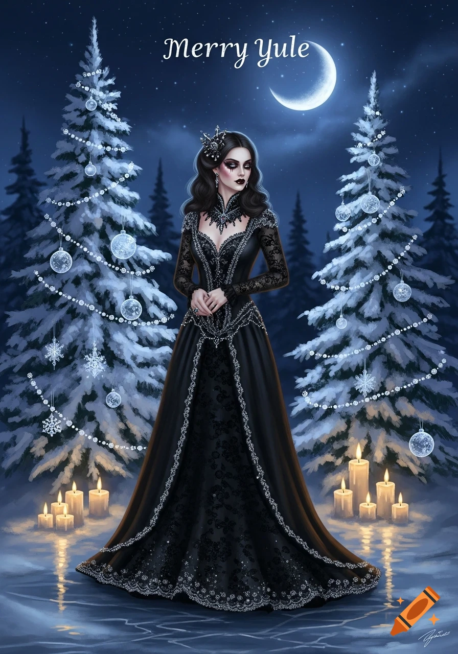 A gothic woman in a black gown stands between snow-covered trees under ...