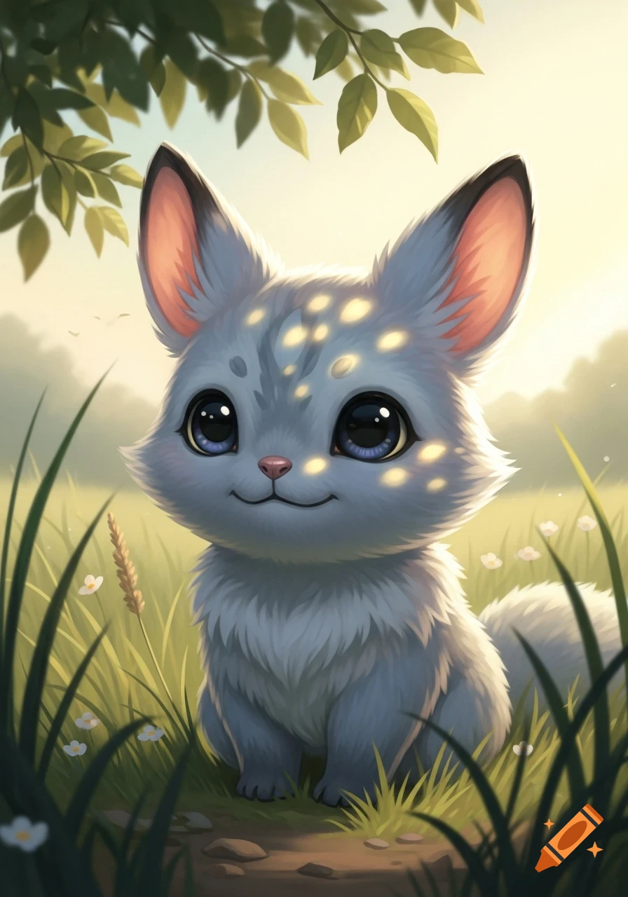 A cute, fluffy white-grey creature with big eyes sits in sunny tall ...