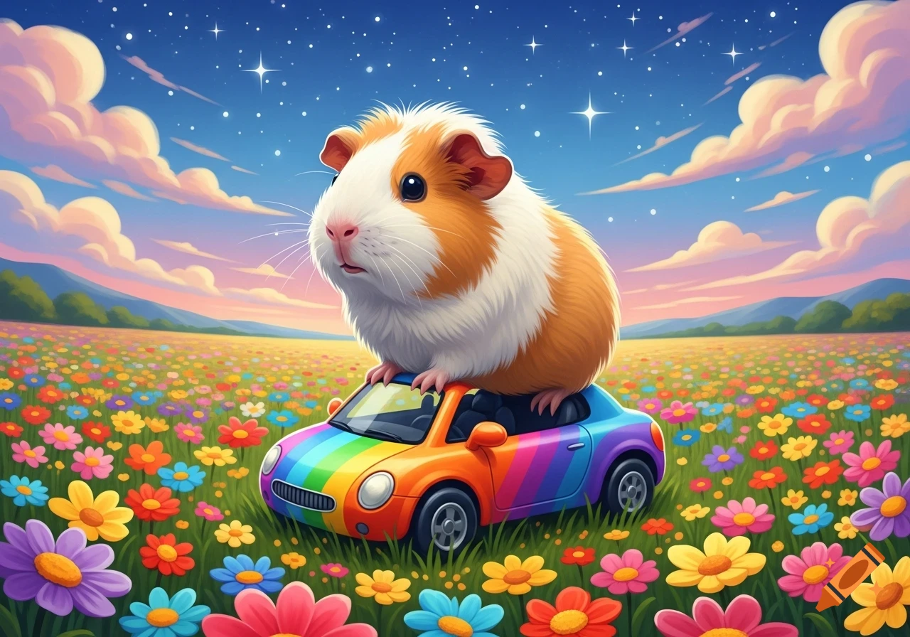 A Whimsical Fluffy Guinea Pig Rides A Rainbow Car Through A Vibrant